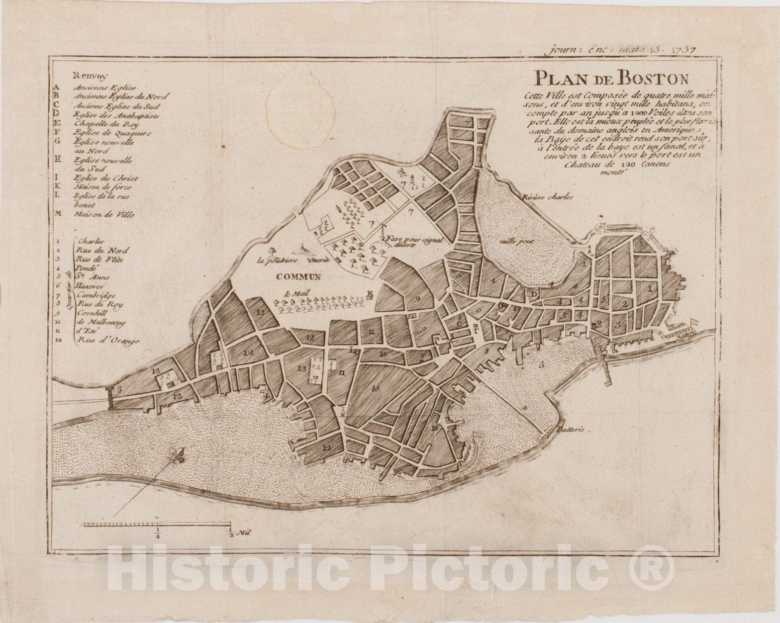 Historical Map, 1757 Plan de Boston : cette Ville est composee de Quat ...