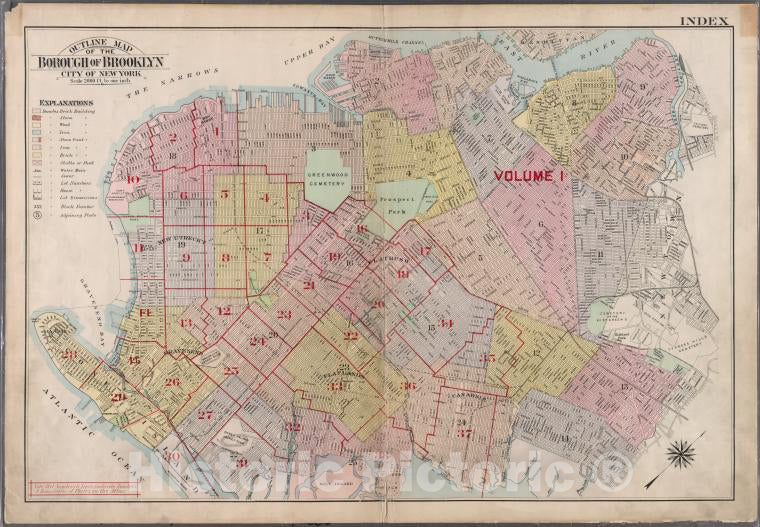 Historic 1907 Map - Outline Map Of The Borough Of Brooklyn, City Of Ne ...