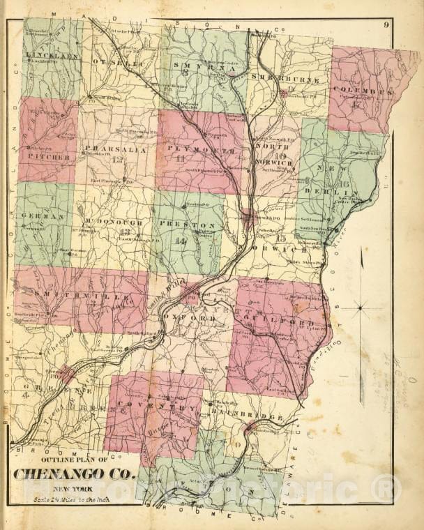 Historic 1875 Map - Outline Plan Of Chenango Co, New York - Vintage Wa ...