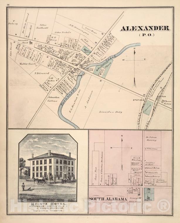 Historic 1876 Map - Alexander (P.O.) [Village]; Heintz Hotel, Alexande ...