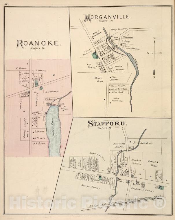 Historic 1876 Map - Roanoke. [Village]; Morganville. [Village]; Staffo ...