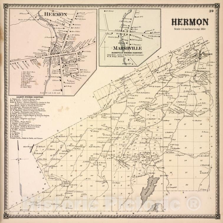 Historic 1865 Map - Hermon [Village]; Hermon Business Directory; Marsh ...