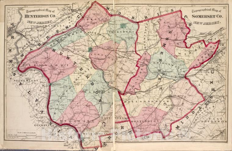 Historic 1873 Map - Topographical Map Of Hunterdon Co, New Jersey; Top ...