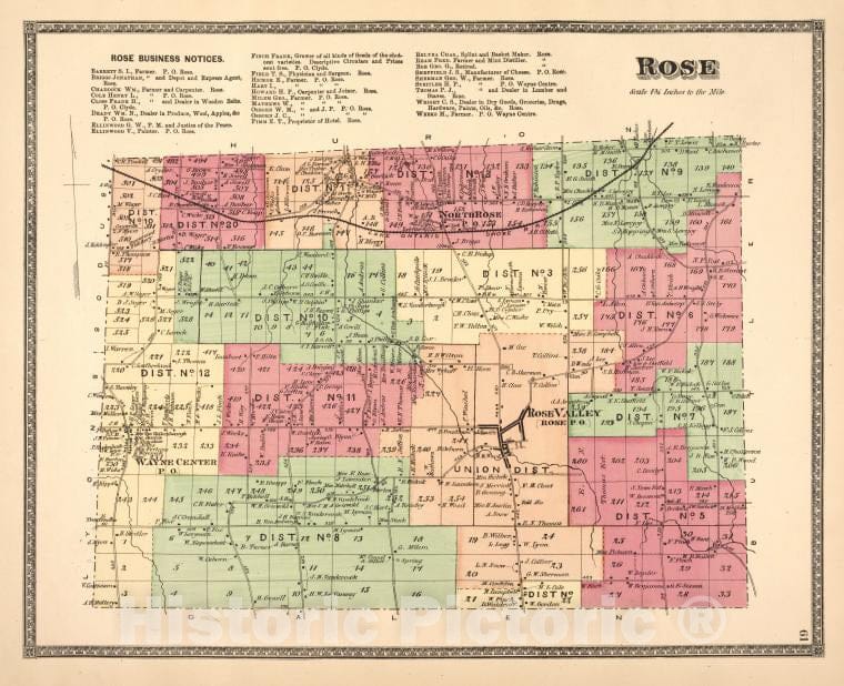 Historic 1874 Map - Rose Business Notices; Rose [Township] - Vintage W ...