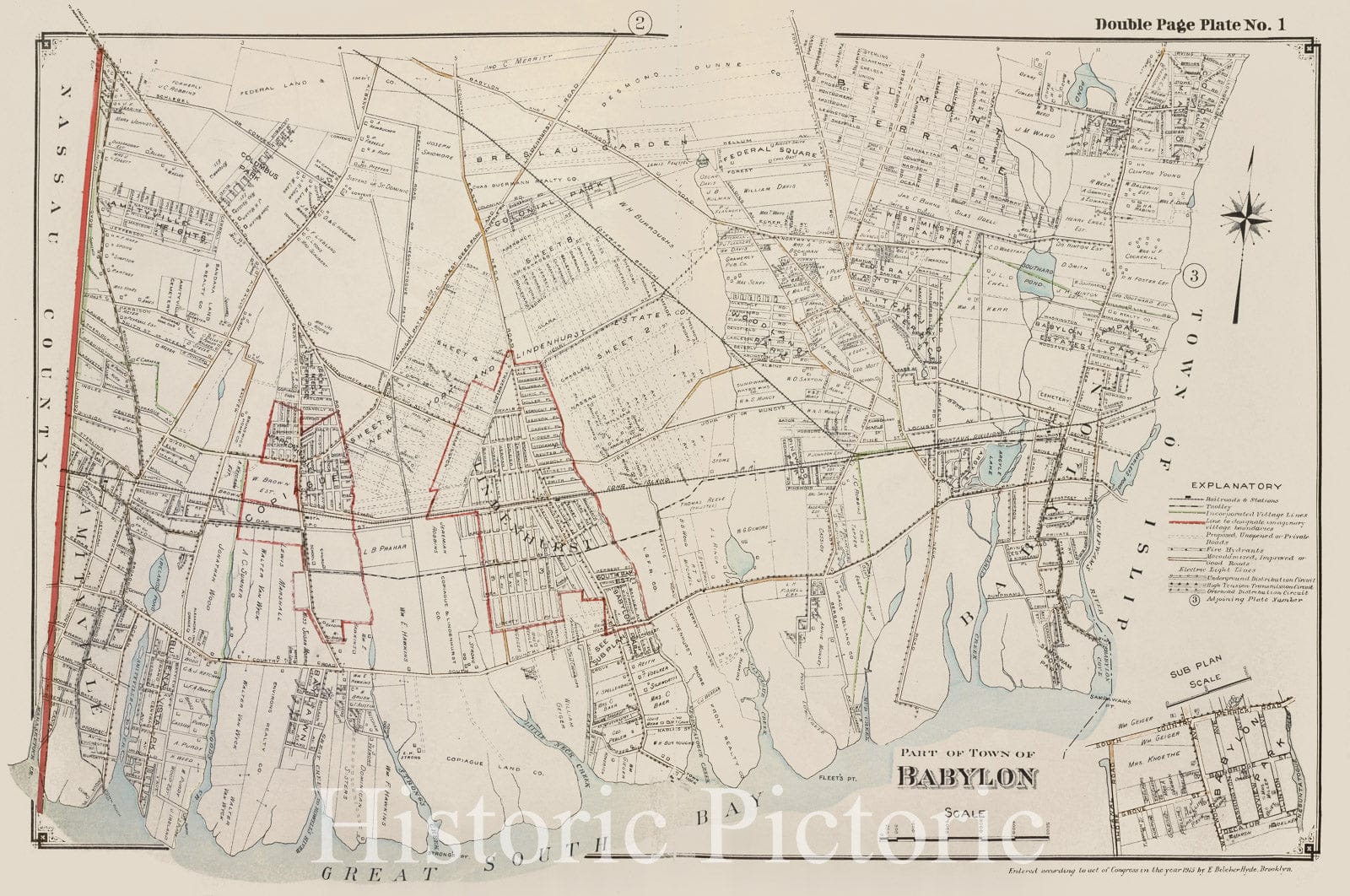 Historic 1915 Map - Part Of Town Babylon - Suffolk County (N.Y.Atlas O ...