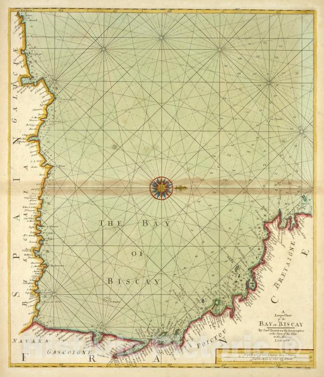 Historic 1702 Map - A Large Chart Of The Bay Of Biscay - Vintage Wall ...