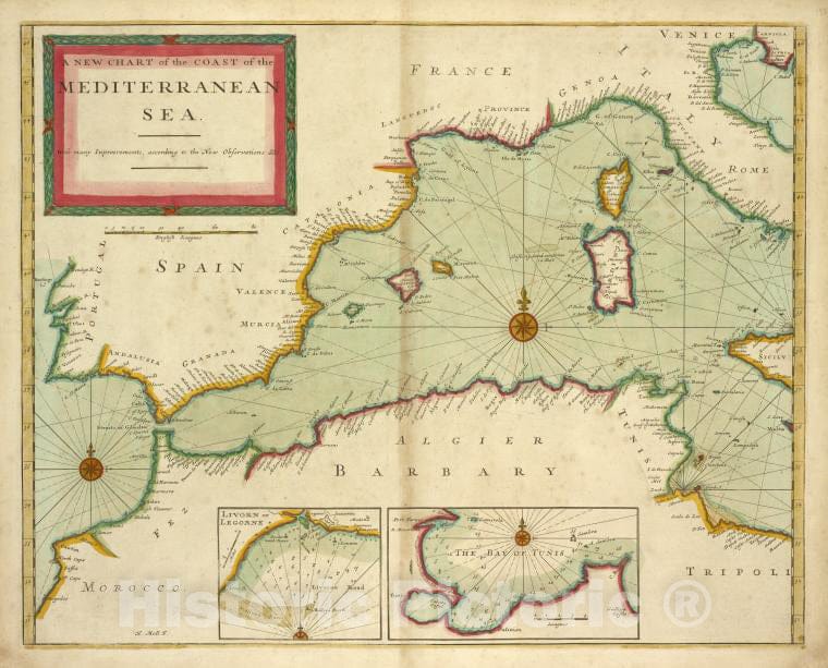 Historic 1702 Map - A New Chart Of The Coast Of The Mediterranean Sea ...