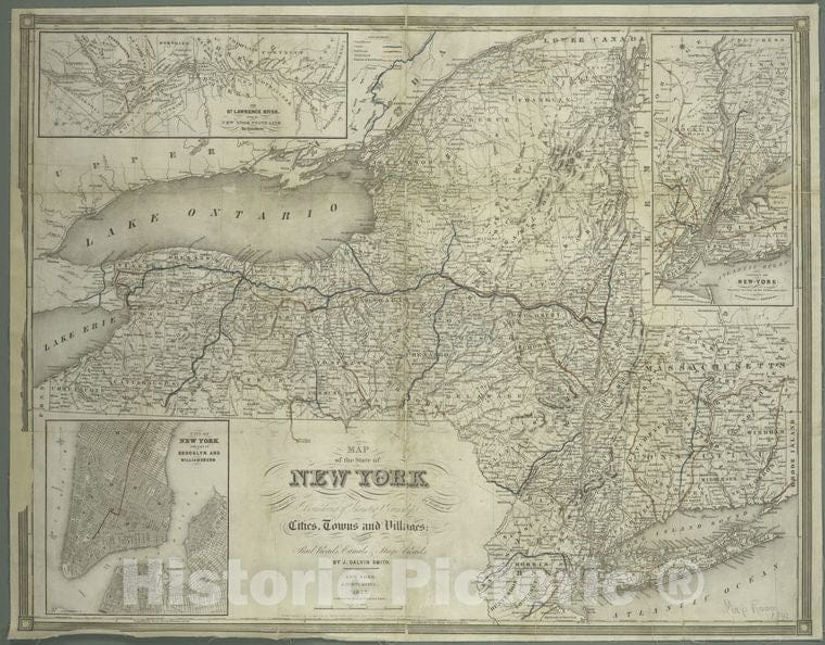 Historic 1842 Map - Map Of The State Of New York : Showing The Boundar ...
