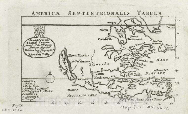 Historic 1709 Map - Americae Septentrionalis Tabula. - North America ...