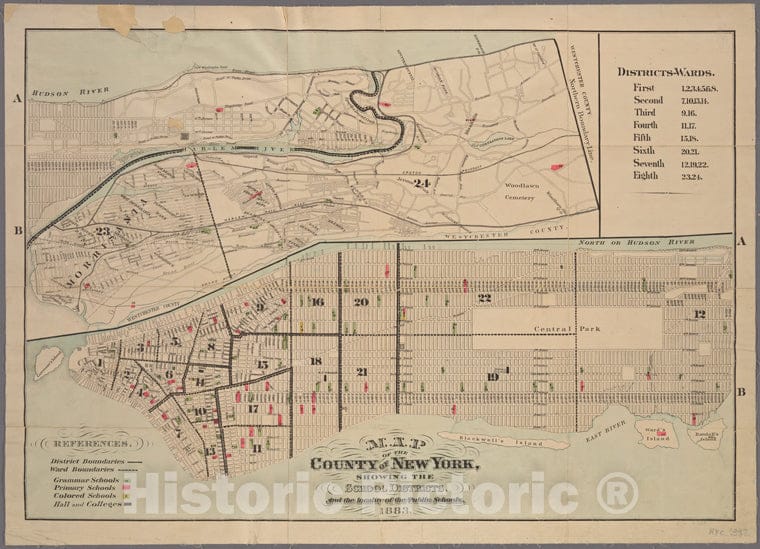 Historic 1883 Map - Map Of The County Of New York : Showing The School ...