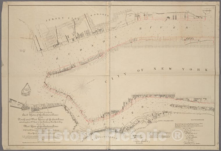 Historic 1890 Map - Pierhead And Bulkhead Lines For The East Shore Of ...