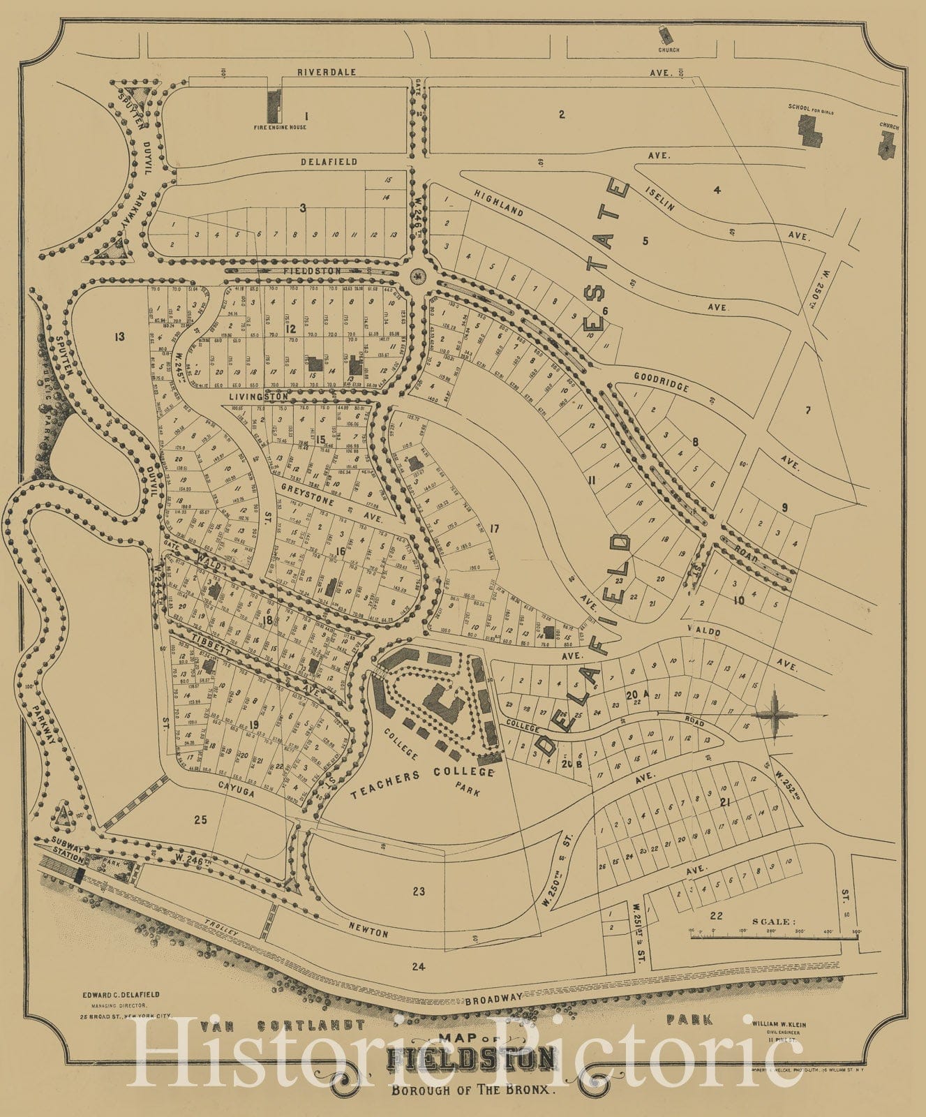 Historic 1912 Map - Map Of Fieldston, Borough Of The Bronx. Delafield ...
