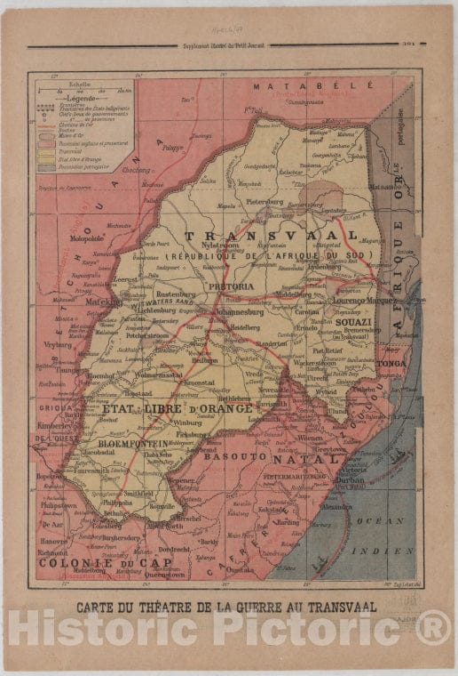 Historic 1899 Map - Carte Du Theatre De La Guerre Au Transvaal - Vinta ...