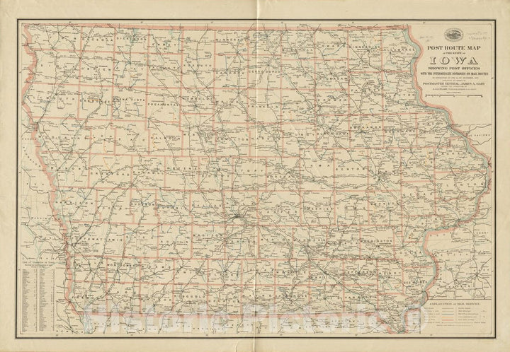 Historical Map, 1897 Post Route map of The State of Iowa Showing Post ...