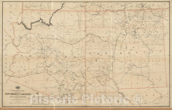 Historical Map, 1884 Post Route map of The Territories of New Mexico a ...