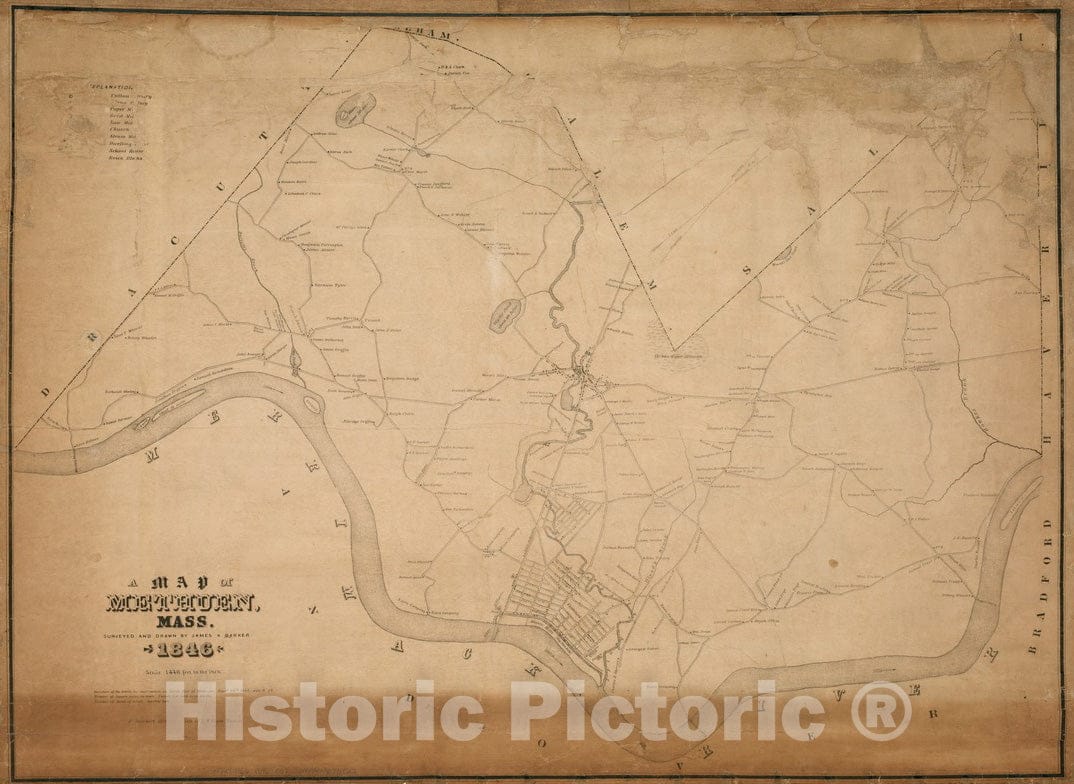 Historical Map, 1846 A Map of Methuen, Mass, Vintage Wall Art ...