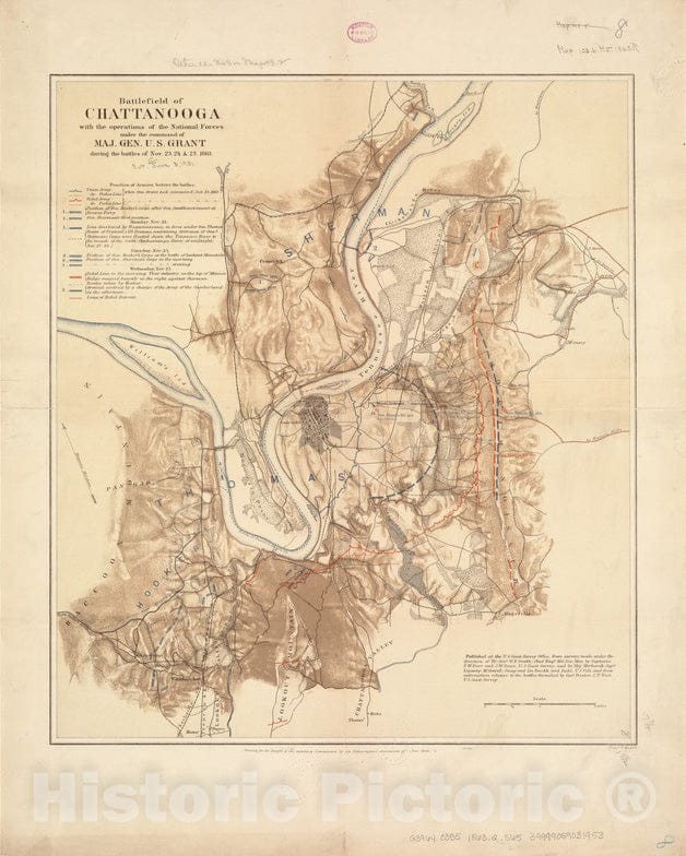 Historical Map, 1863 Battlefield of Chattanooga Under The Command of M ...