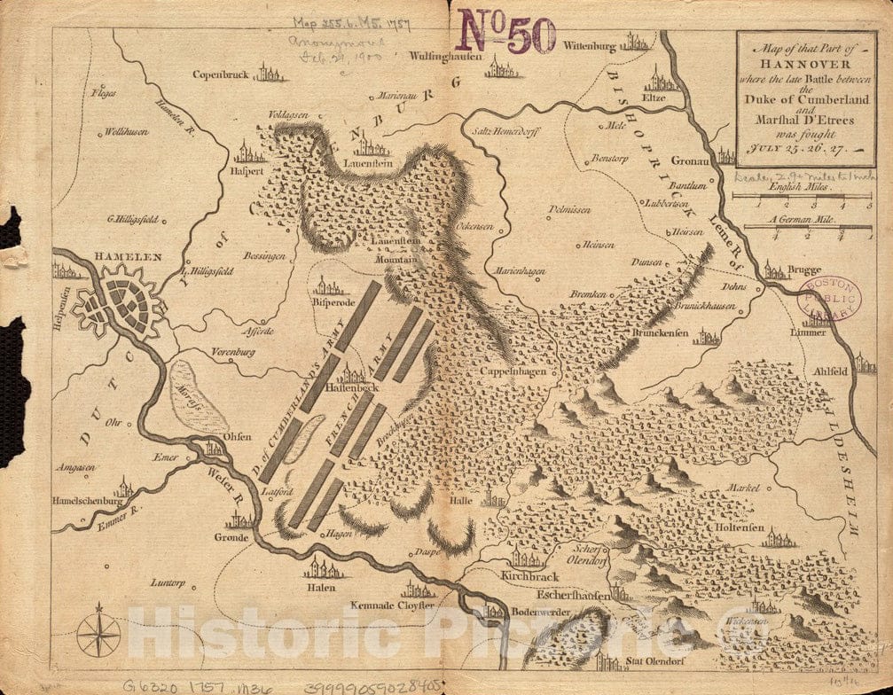 Historical Map, 1757 Map of That Part of Hannover Where The Late Battl ...