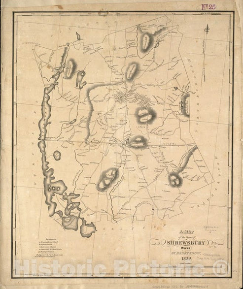 Historical Map, 1832 A map of The Town of Shrewsbury, Mass, Vintage Wa ...