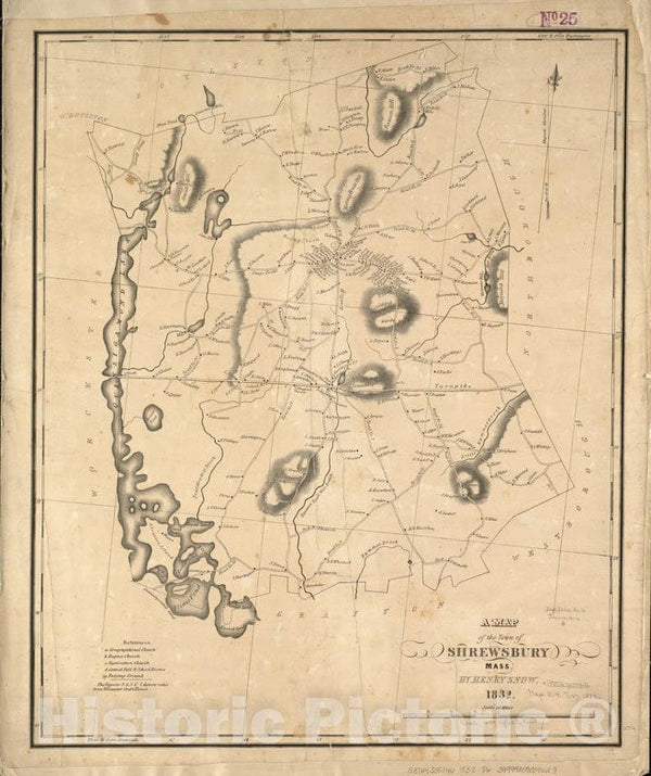 Historical Map, 1832 A map of The Town of Shrewsbury, Mass, Vintage Wa ...