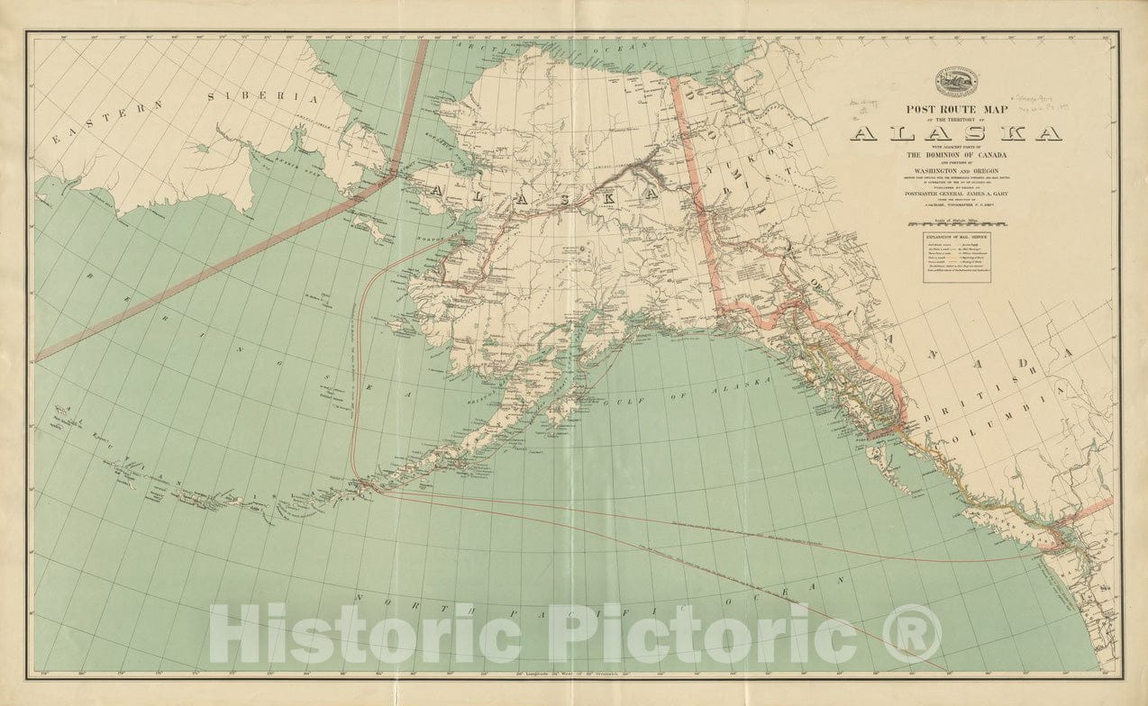 Historical Map, 1897 Post Route map of The Territory of Alaska with Ad ...