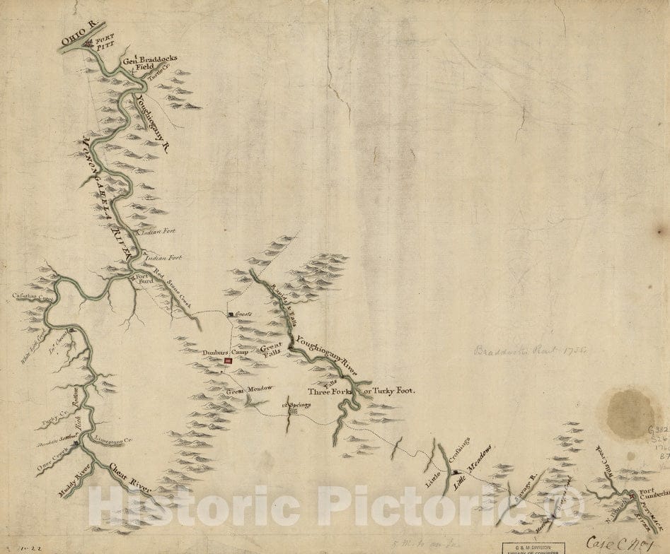 Historical Map, Braddock's route, 1755, Fort Cumberland to Fort Pitt ...