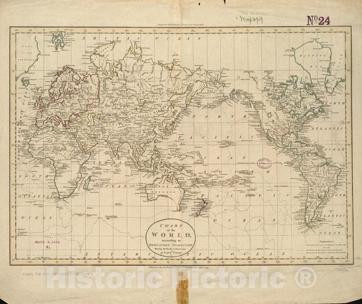 Historical Map, 1799 Chart of the world according to Mercators project ...