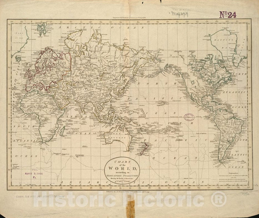 Historical Map, 1799 Chart of the world according to Mercators project ...