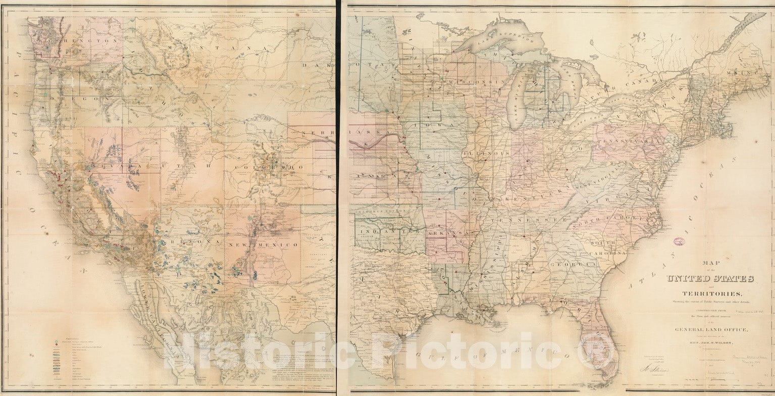 Historical Map, 1867 Map of The United States and Territories, Showing ...