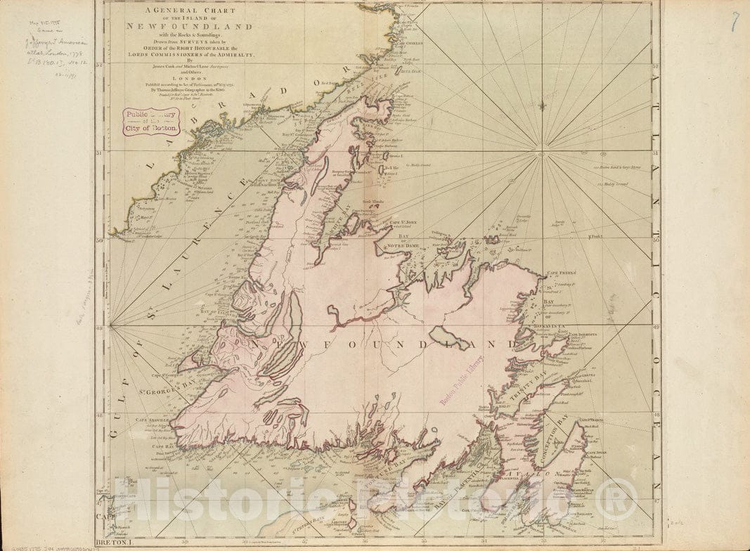 Historical Map, 1775 A General Chart of The Island of Newfoundland wit ...