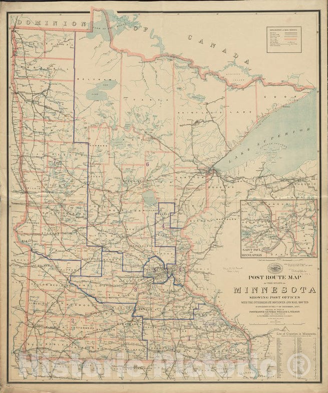 Historical Map, 1895 Post route map of the State of Minnesota showing ...
