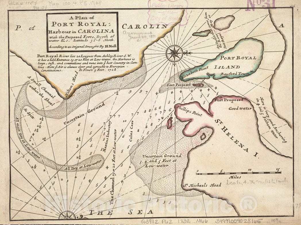 Historical Map, 1732 A Plan of Port Royal Harbour in Carolina with The ...