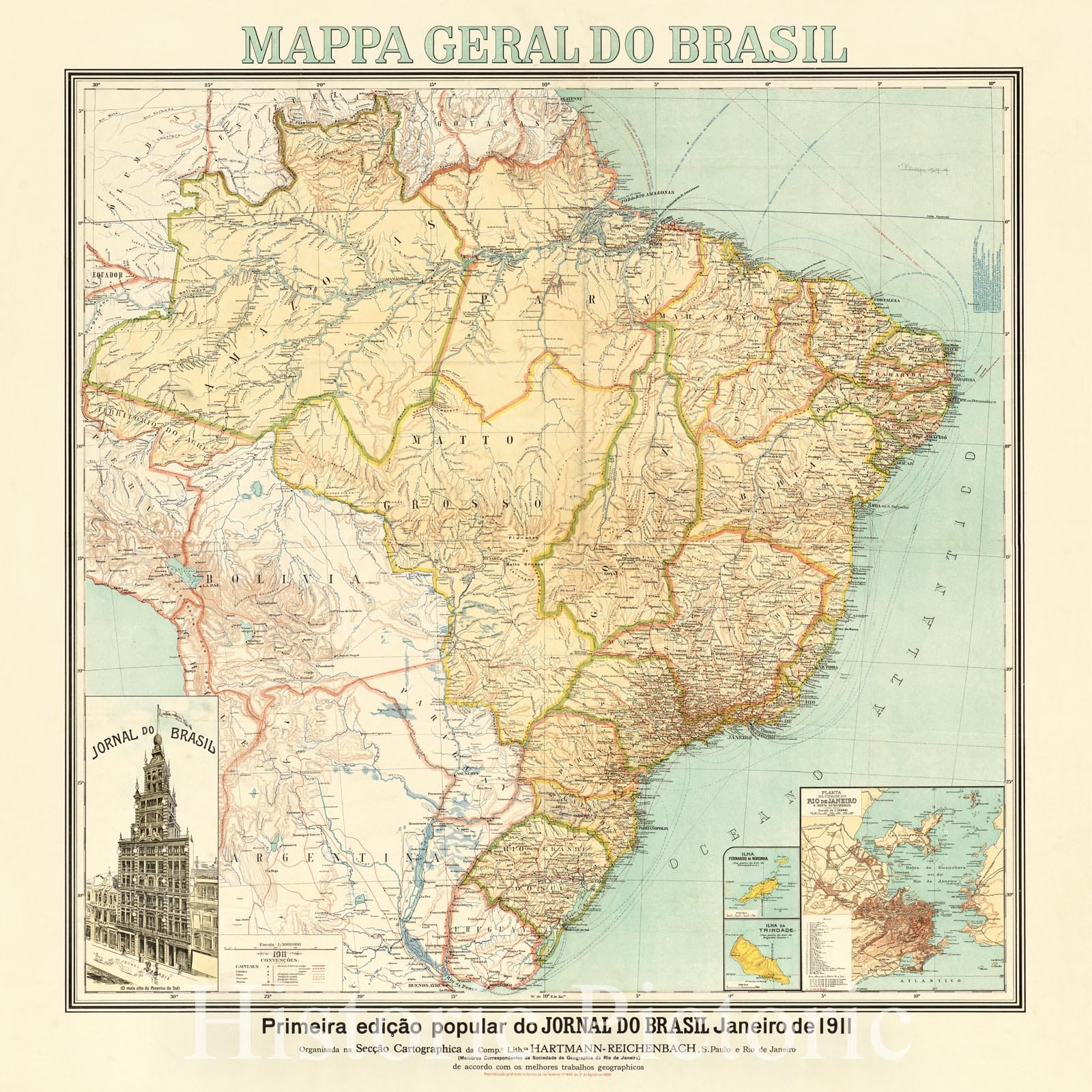 Historical Map, 1911 Mappa geral do Brasil, Vintage Wall Art – Historic ...