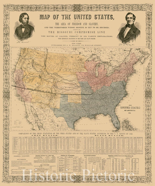 Historical Map, 1856 Map of The United States, Showing by Colors The A ...