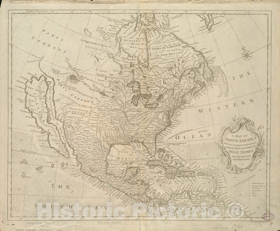 Historical Map, 1740 A map of North America, with The European settlem ...