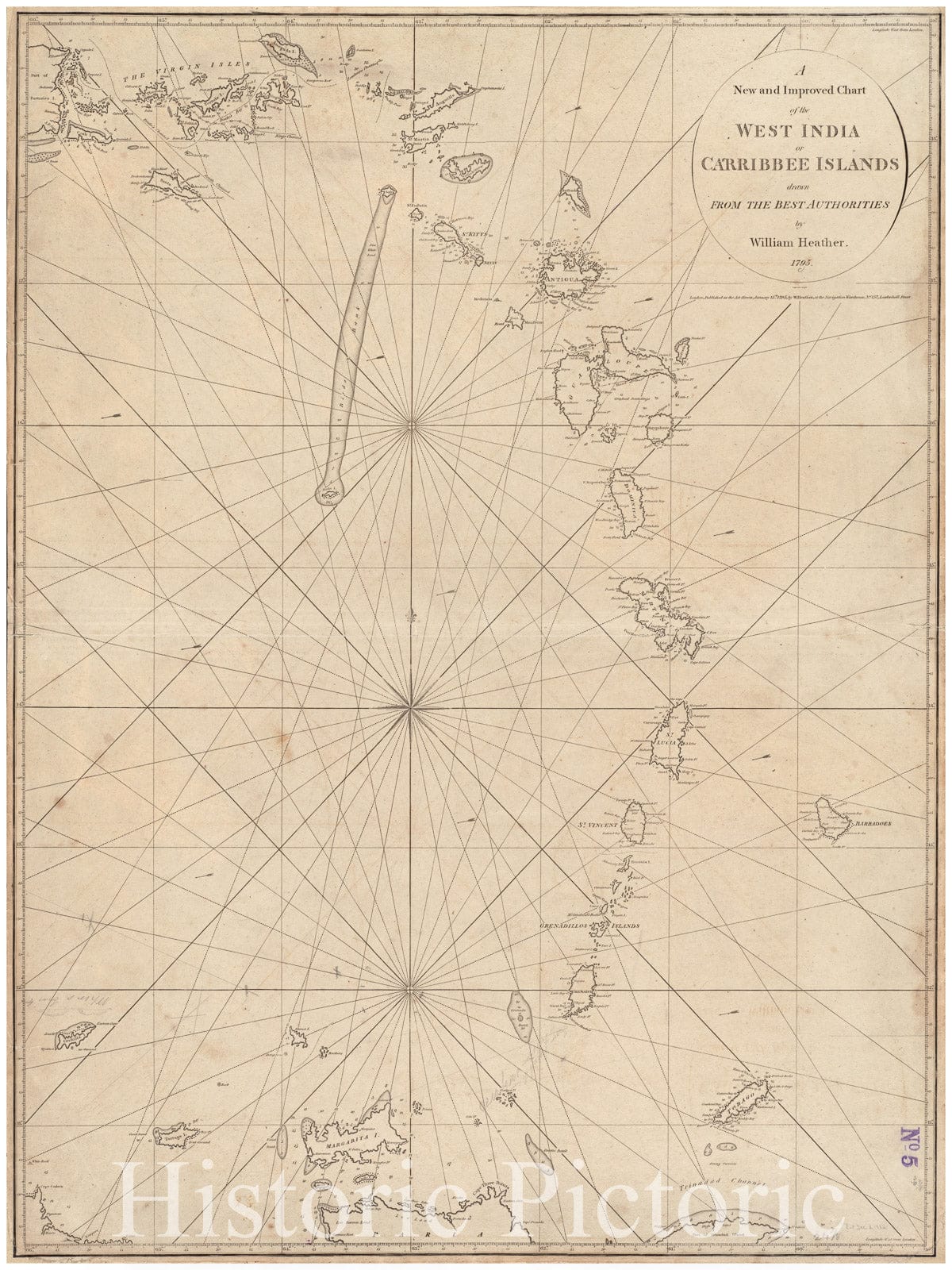 Historical Map, 1795 A New and Improved Chart of The West India or Car ...
