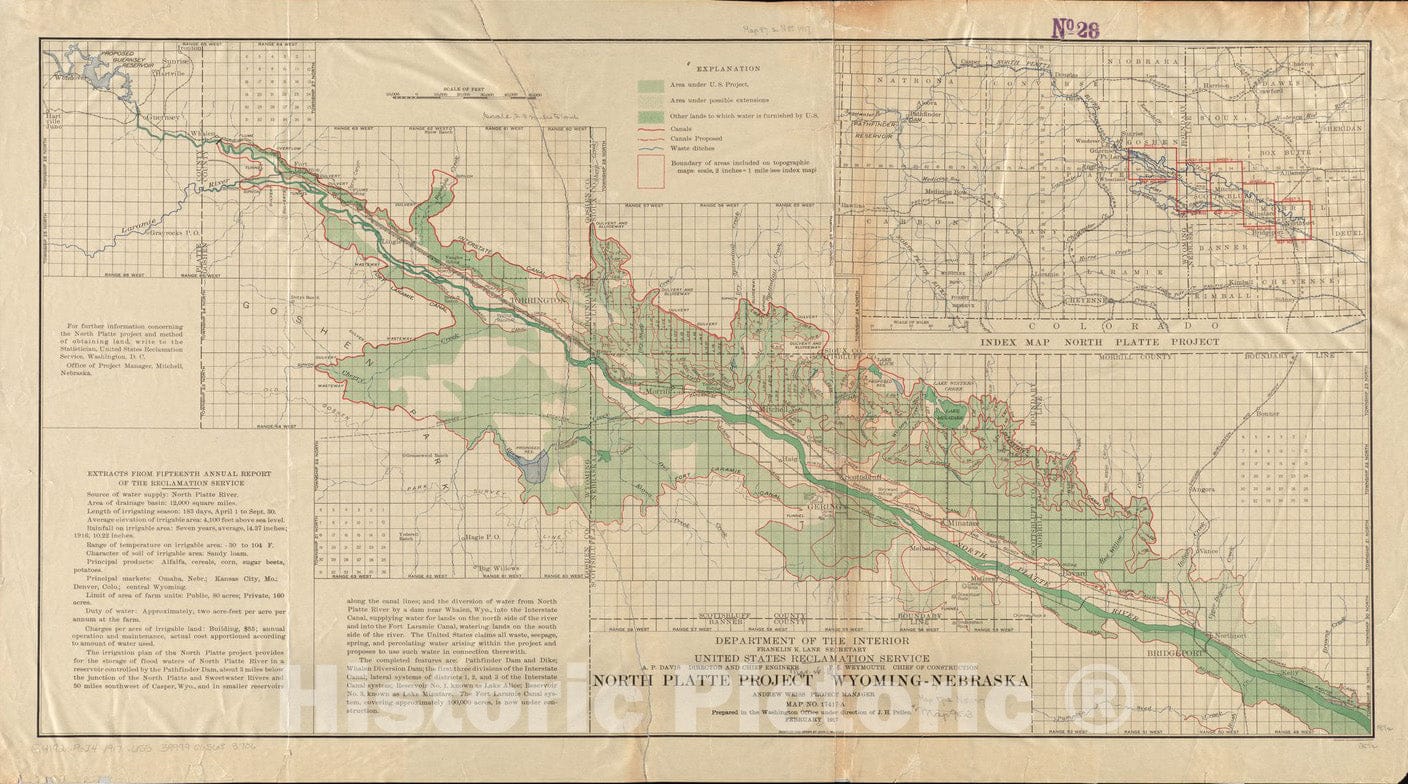 Historical Map, 1917 North Platte Project, Wyoming-Nebraska, Vintage W ...