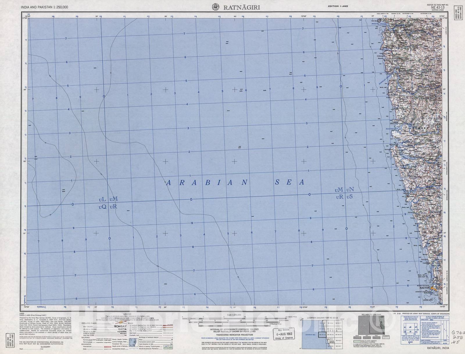 Historic 1955 Map - India and Pakistan 1:250,000. - Ratnagiri, 1962 ...