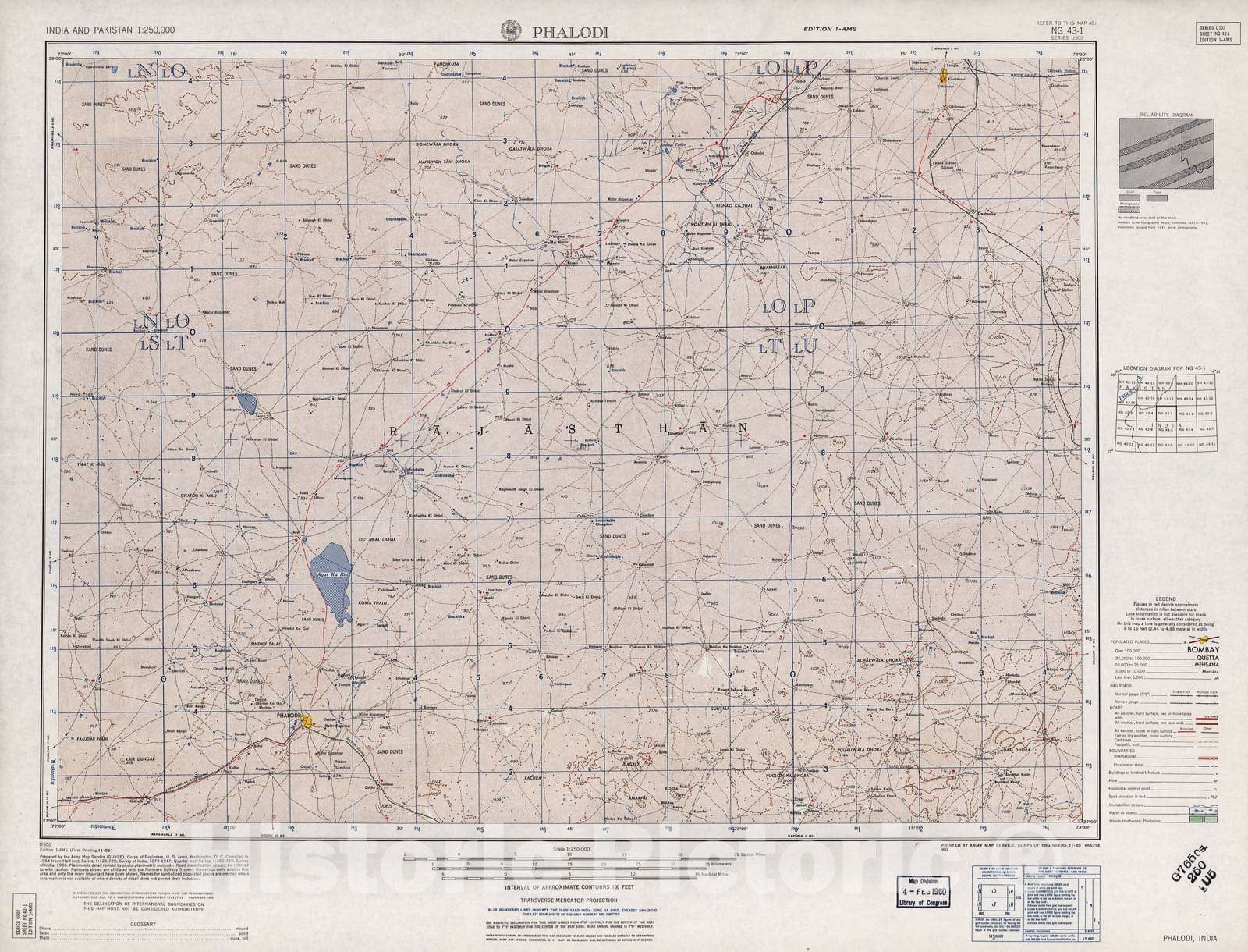 Historic 1955 Map - India and Pakistan 1:250,000. - Phalodi, India 195 ...