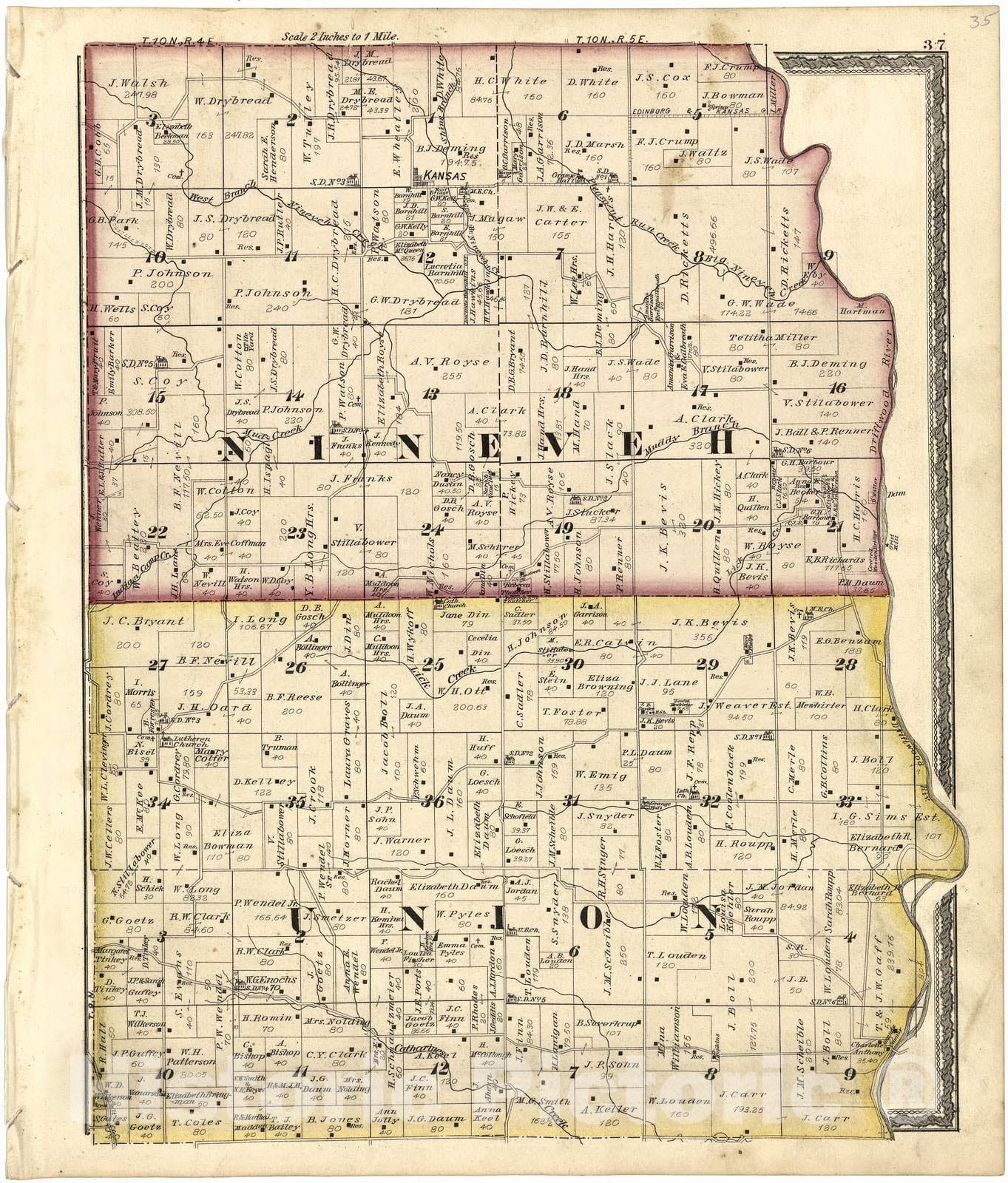 Historic 1879 Map - Atlas of Bartholomew Co, Indiana - Nineveh; Union ...