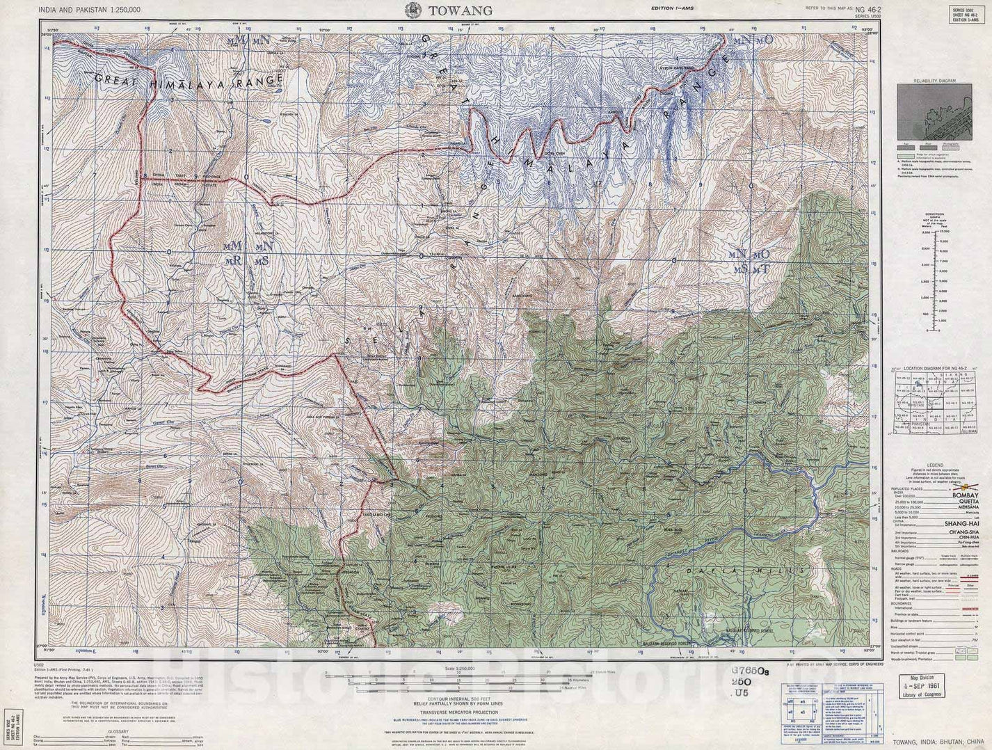 Historic 1955 Map - India and Pakistan 1:250,000. - Towang, India, Bhu ...