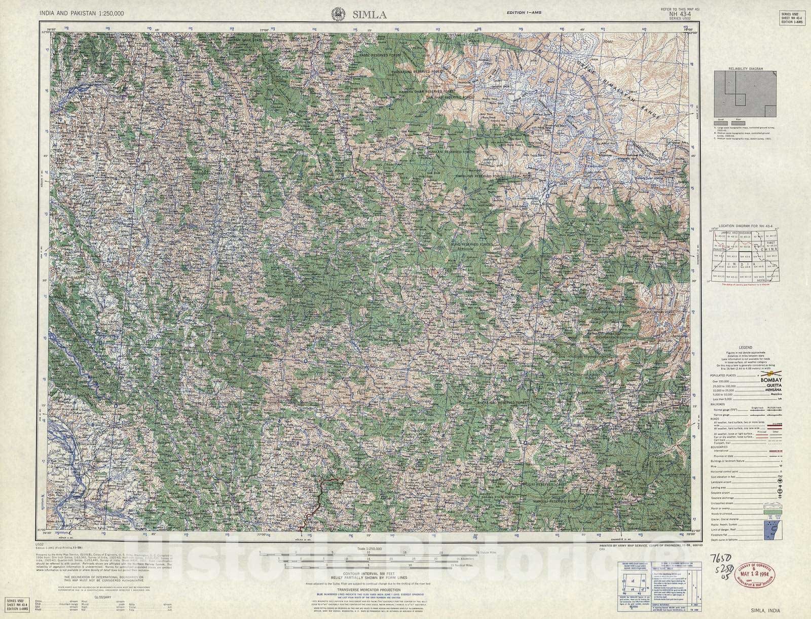 Historic 1955 Map - India and Pakistan 1:250,000. - Simla, India 1959 ...