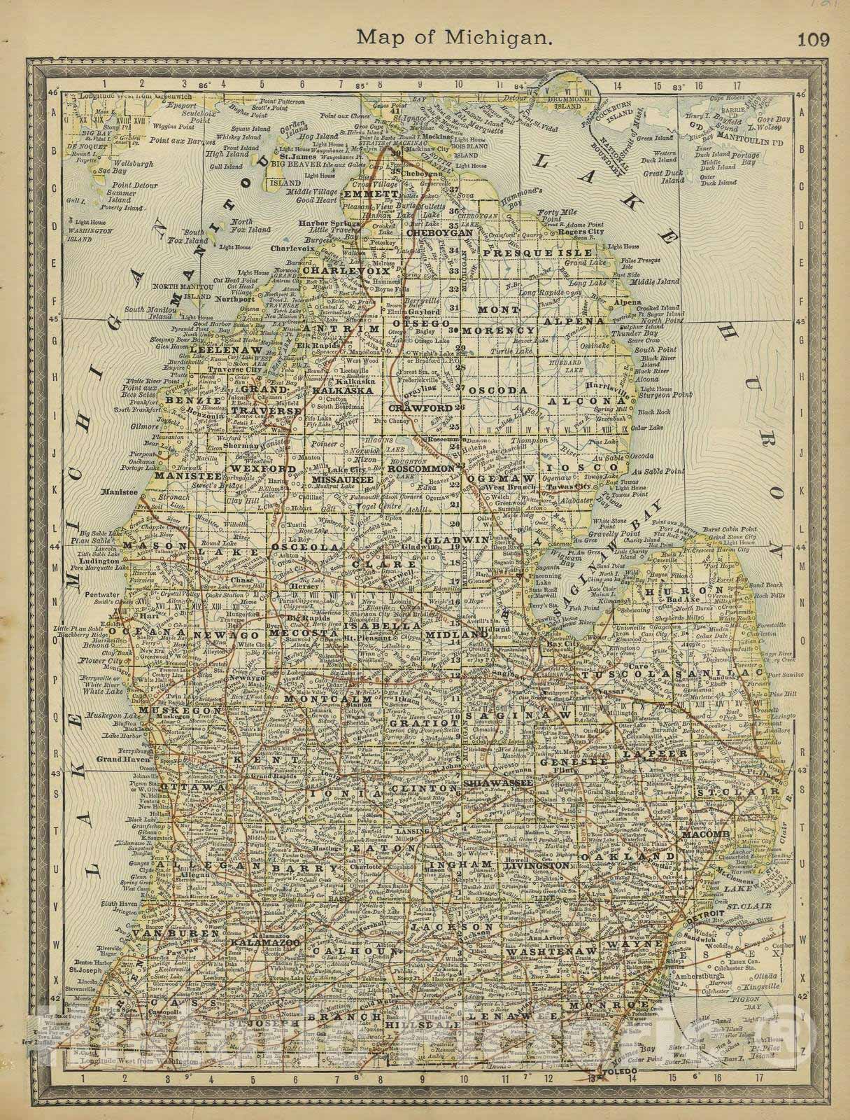 Historic 1882 Map - Historical Hand-Atlas, Illustrated - Map of Michig ...