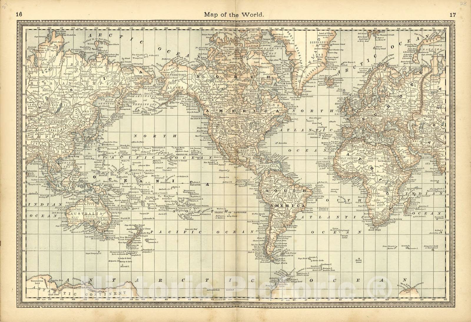 Historic 1882 Map - Historical Hand-Atlas, Illustrated - Map of The Wo ...