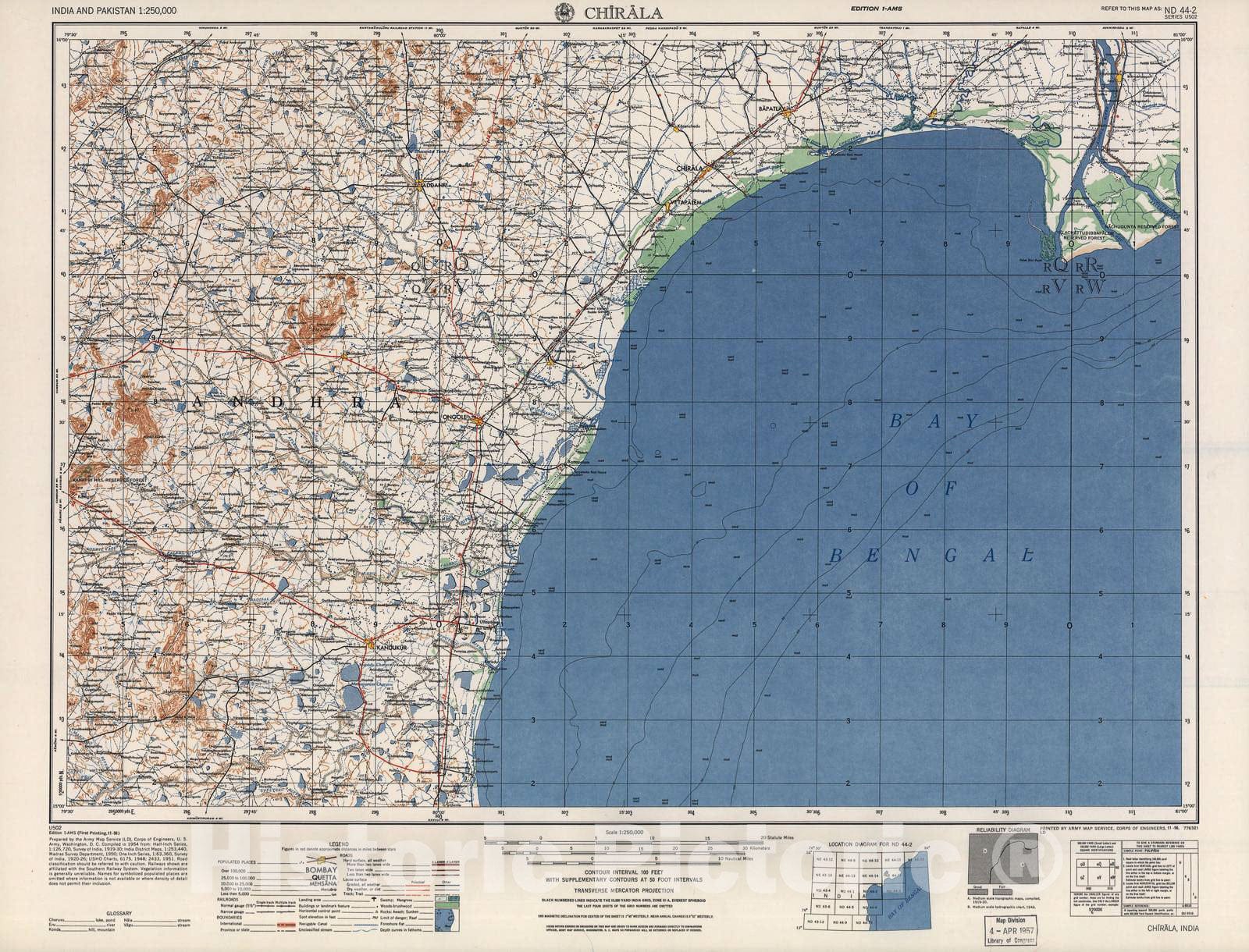 Historic 1955 Map - India and Pakistan 1:250,000. - Chirala, 1956 ...