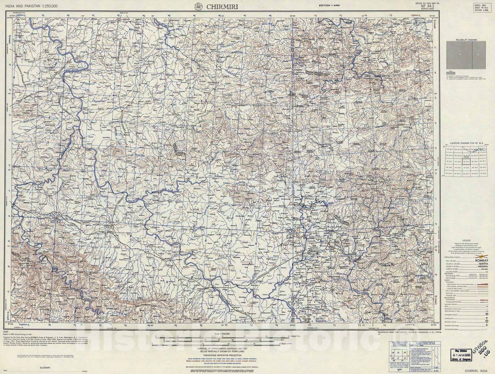 Historic 1955 Map - India and Pakistan 1:250,000. - Chirmiri, 1959 ...