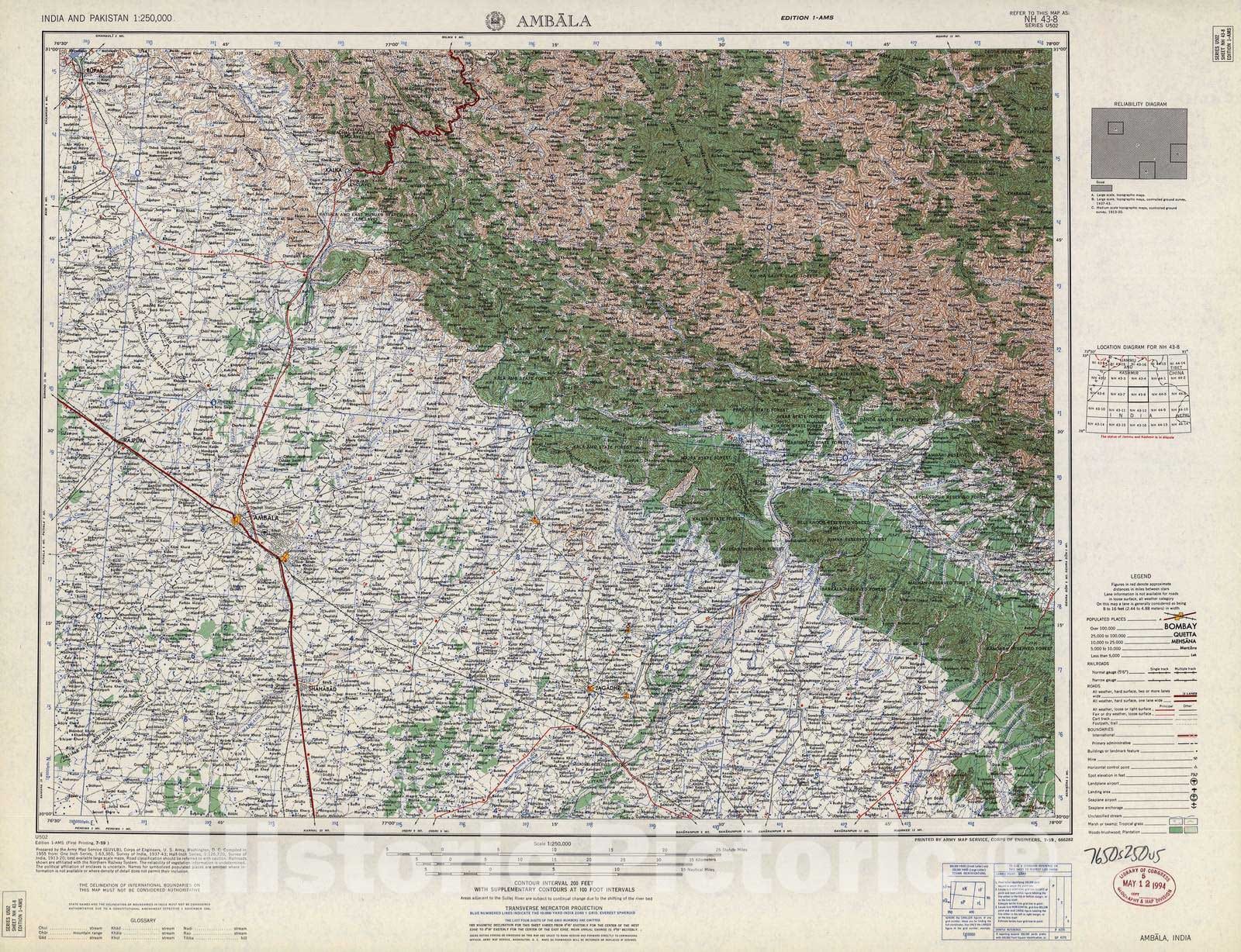 Historic 1955 Map - India and Pakistan 1:250,000. - Ambala, India 1959 ...