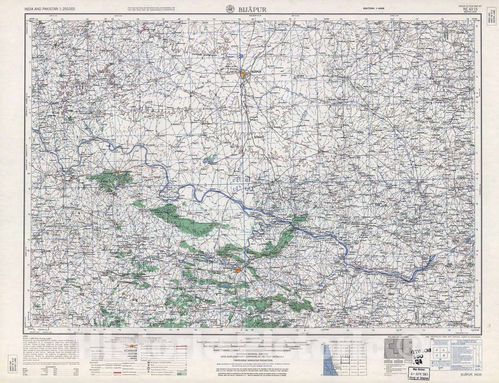 Historic 1955 Map - India and Pakistan 1:250,000. - Bijapur, 1960 ...