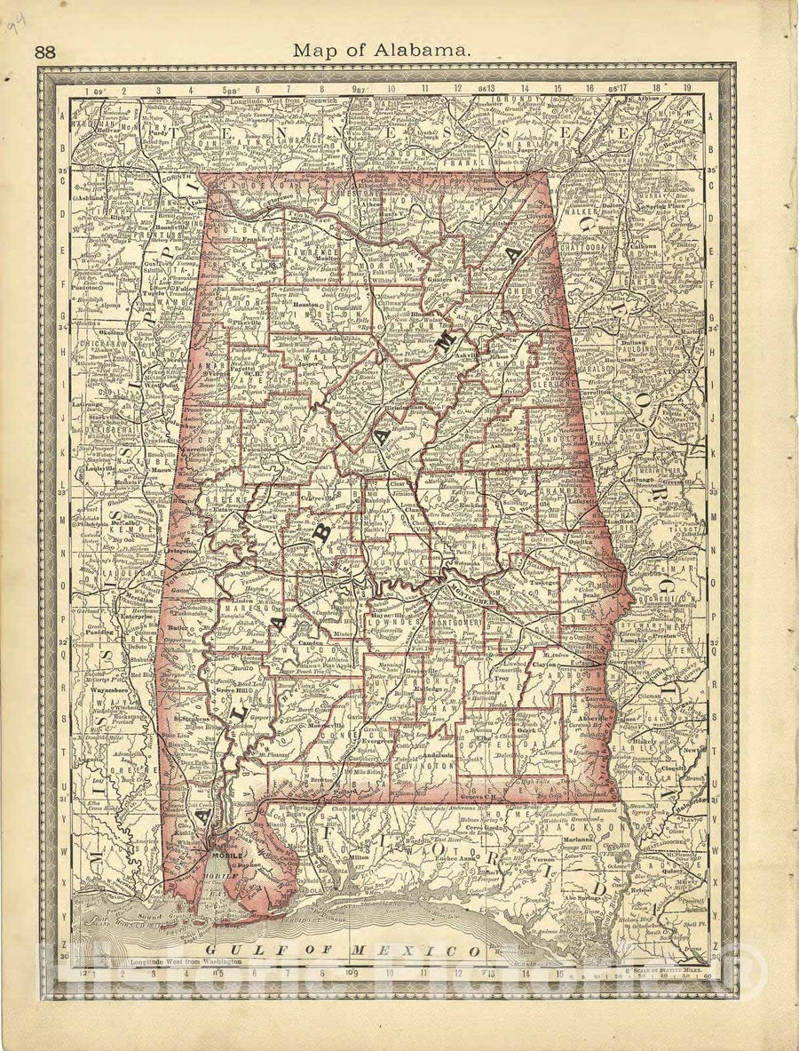 Historic 1881 Map - Historical Hand-Atlas, Illustrated - Map of Alabam ...