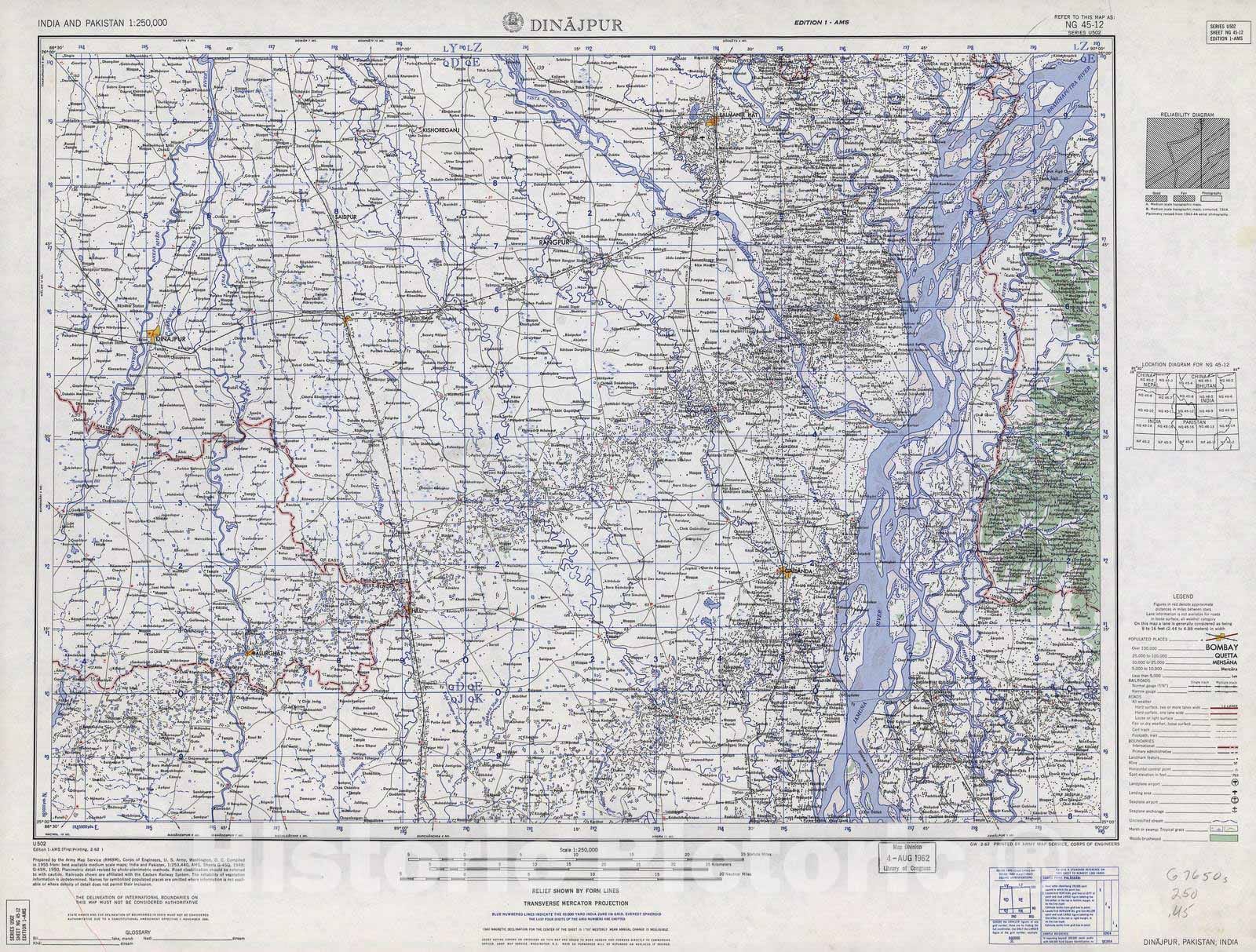 Historic 1955 Map - India and Pakistan 1:250,000. - Dinajpur, Pakistan ...